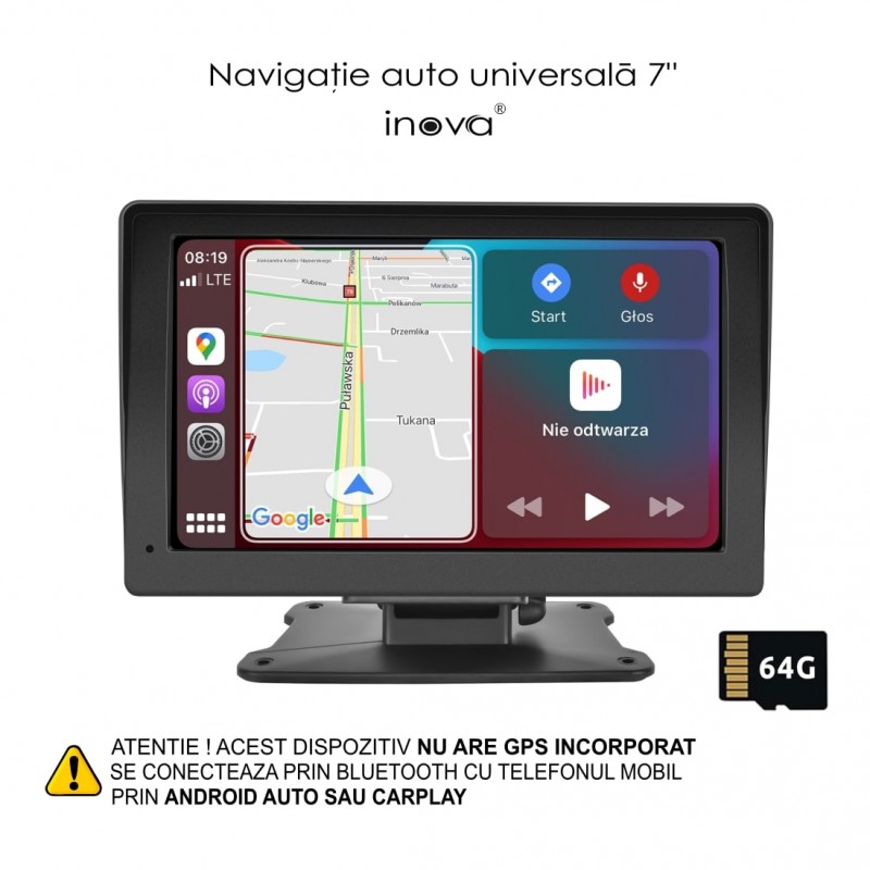 Navigatie auto universala 7" INOVA® portabila, Android Auto, Wi-Fi Carplay, GPS, BT, Radio FM ...