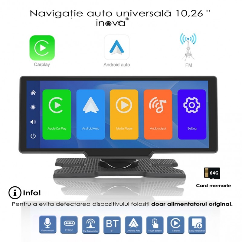 Navigatie auto universala 10.26" INOVA®, Android Auto, Wi-Fi Carplay ...
